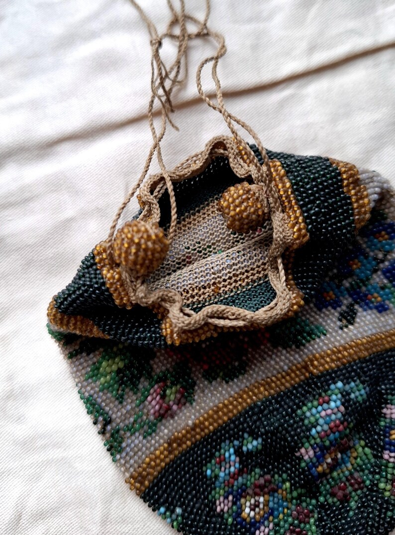 Antique Victorian Beaded Reticule Bag, 1800's Beaded Floral Drawstring ...