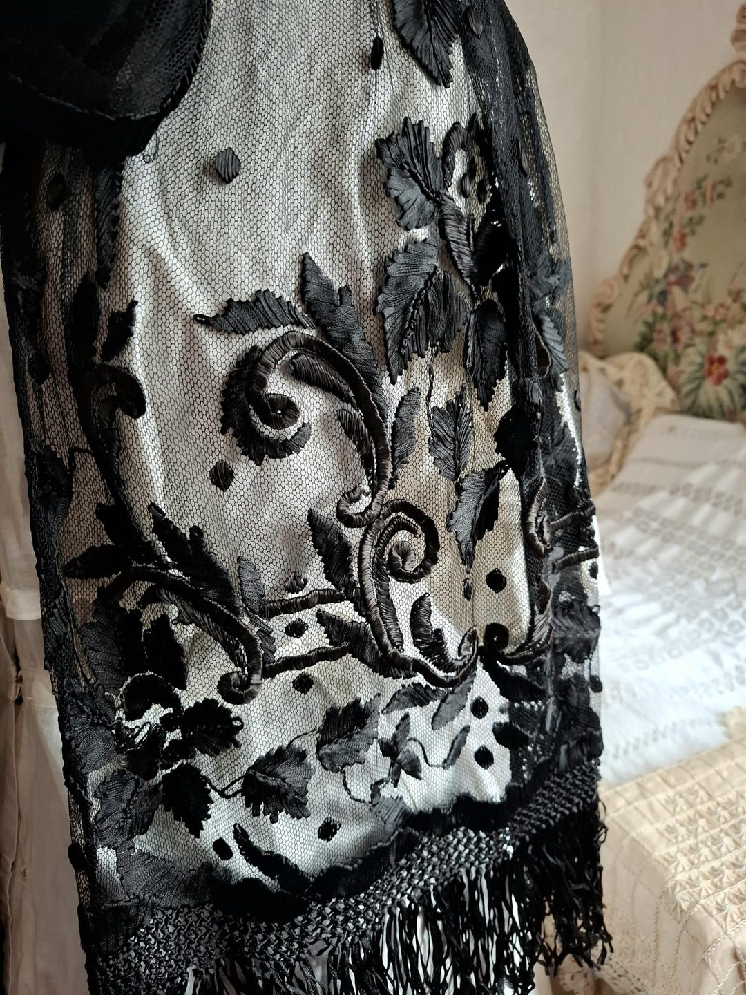 Antique Hand Embroidered Black Tulle Shawl Scarf, Edwardian Embroidered ...
