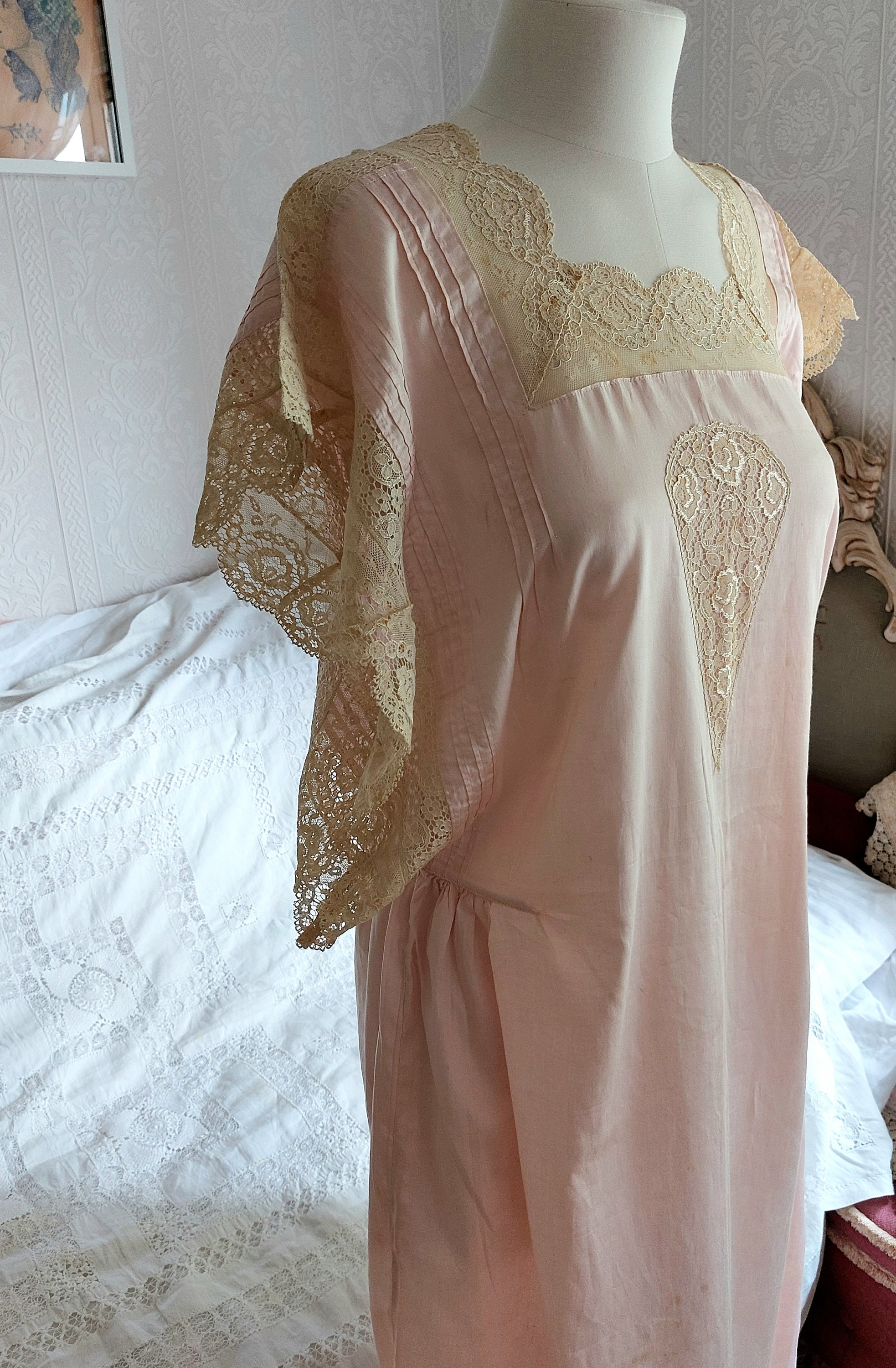 Vintage 1920s 1930s Pastel Pink & Cream Lace Cotton Nightdress, Pleated ...