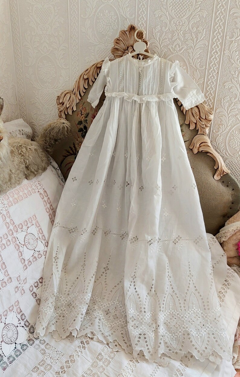 Antique Vintage Christening Gown, Edwardian Embroidered Baptism Eyelet ...