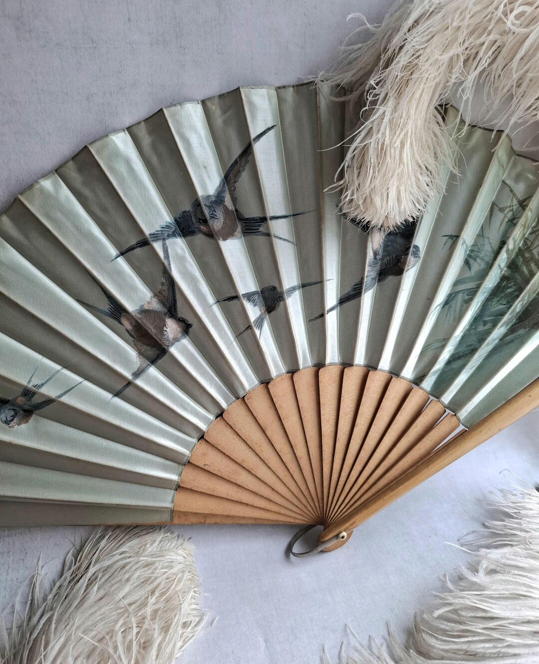 Large Antique 1800s Silk Folding Hand Fan, Silk Satin Folding Fan With ...