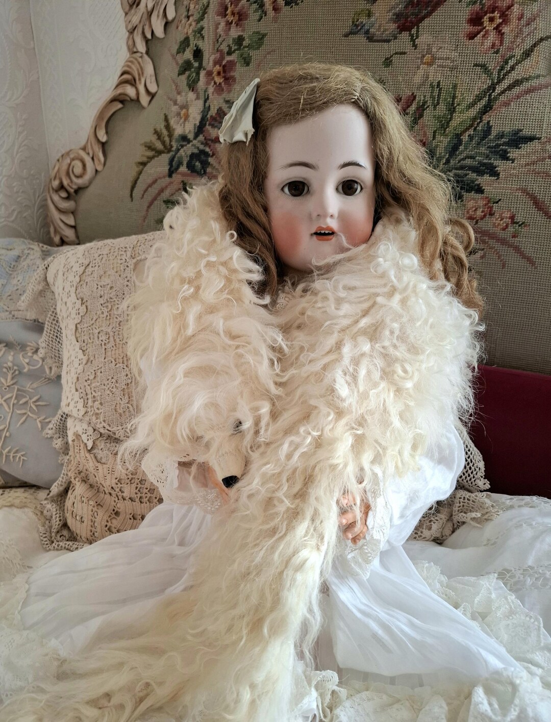 Rare White Angora Fur Stole Wrap for Large Antique Bisque Doll, Antique ...