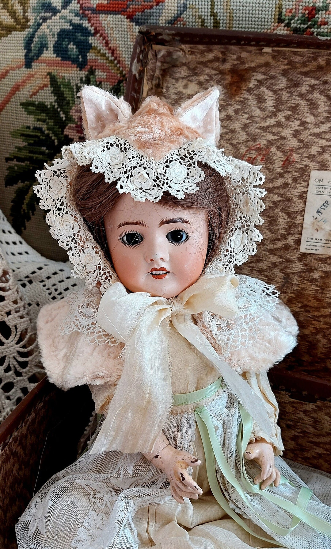 Bonnet for Antique Doll, Doll's Cat Ears Bonnet Hat, Hat for Bisque ...