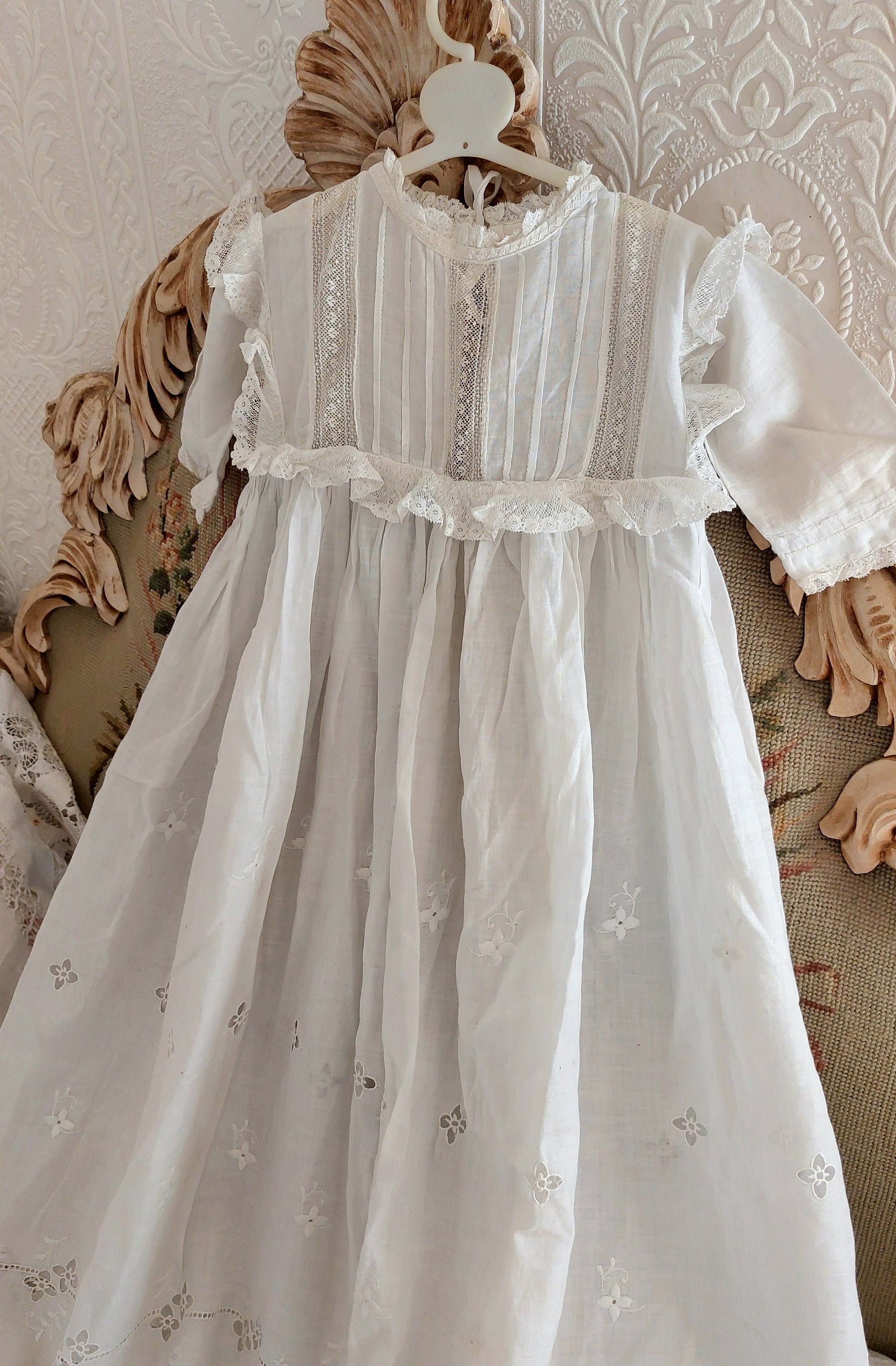 Antique Vintage Christening Gown, Edwardian Embroidered Baptism Eyelet ...