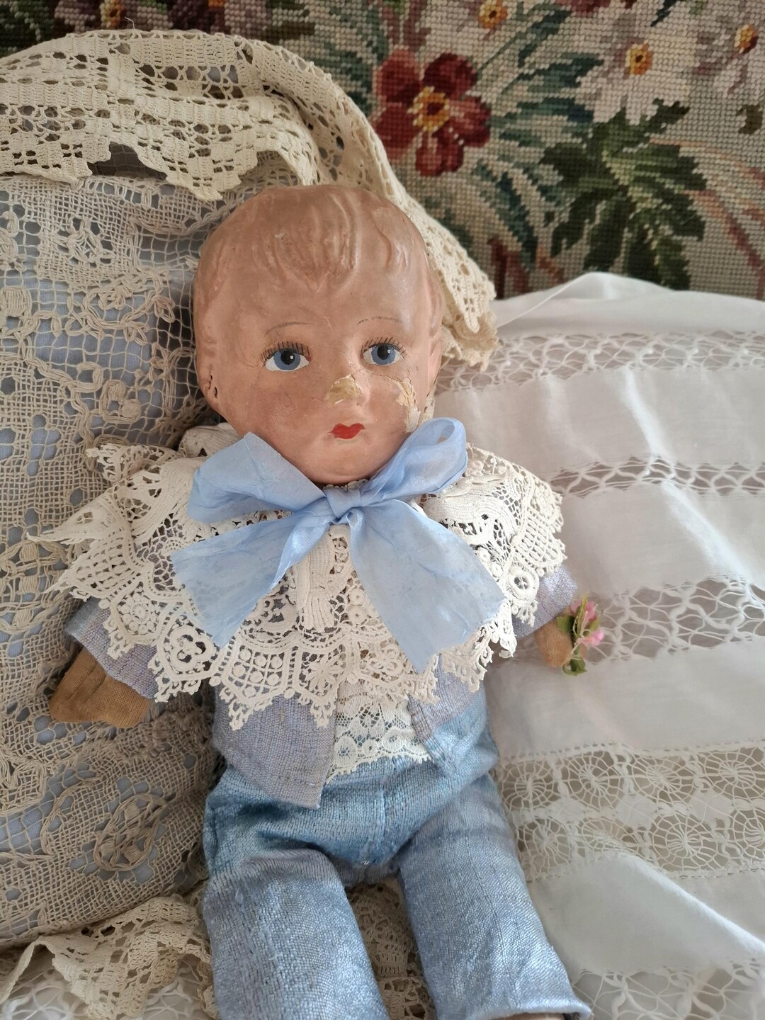 14" Antique Vintage Papier Mache Little Boy Doll, Cloth Body Doll ...