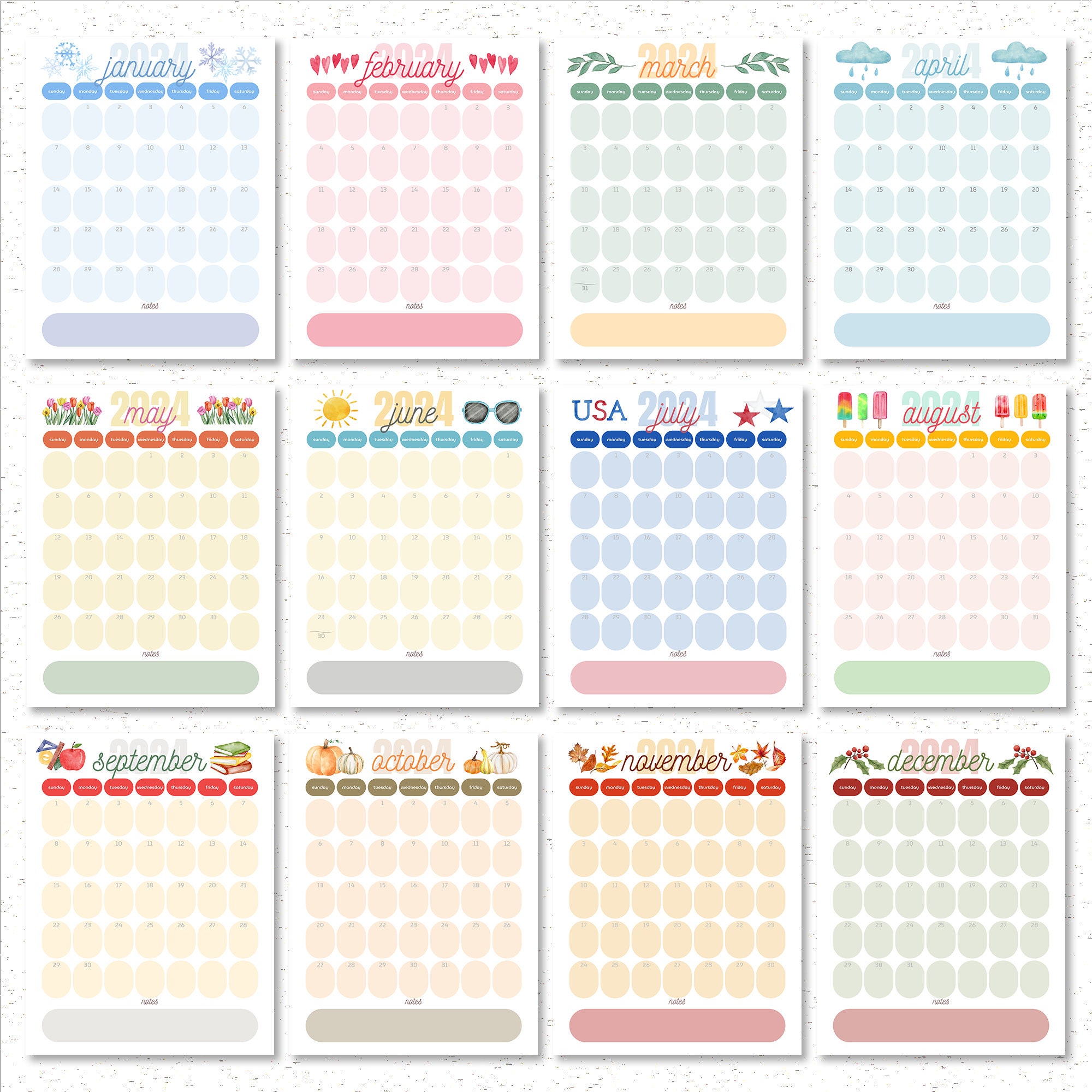2024 Monthly Goal Calendar | Watercolor - Etsy