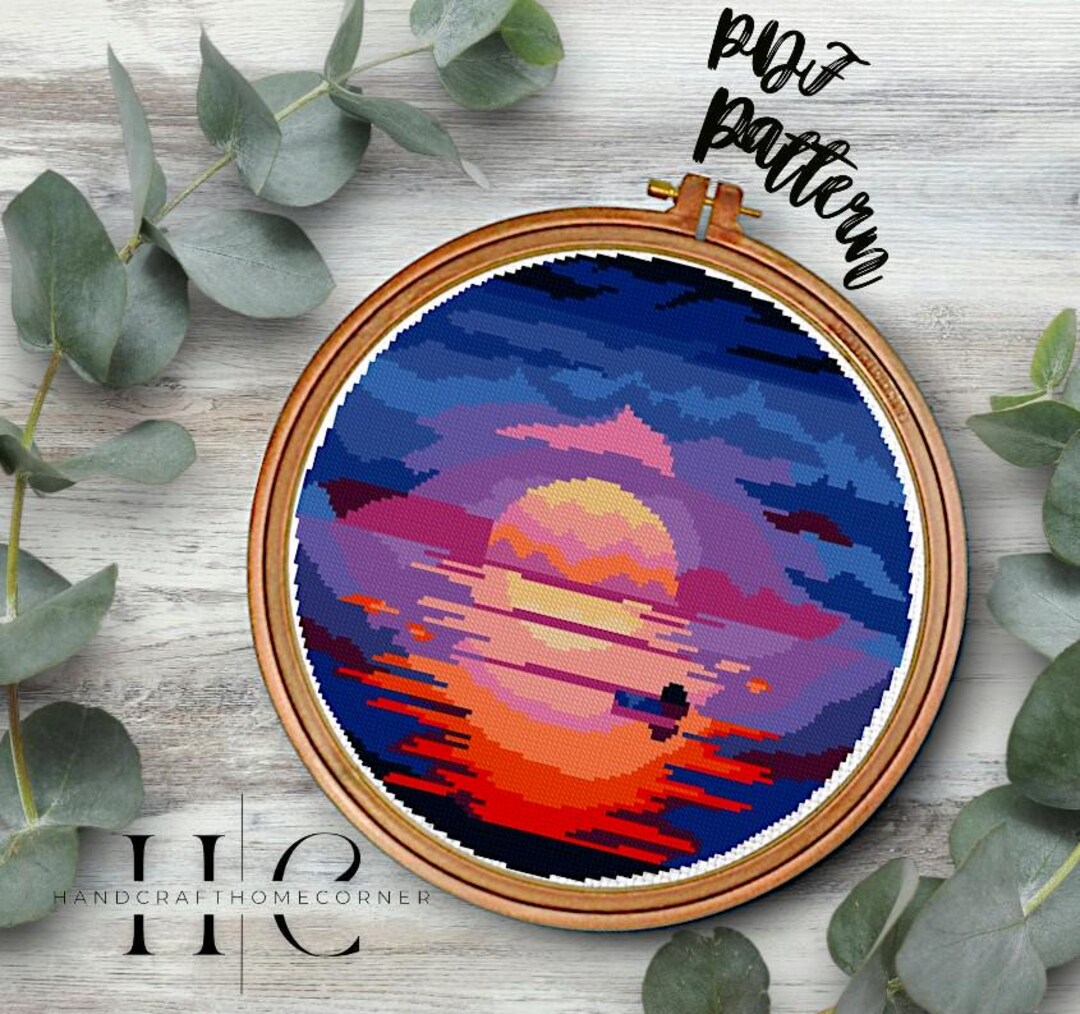 Vivid Cross Stitch PDF Pattern of Orange-pink Sunset and Drifting Boat ...