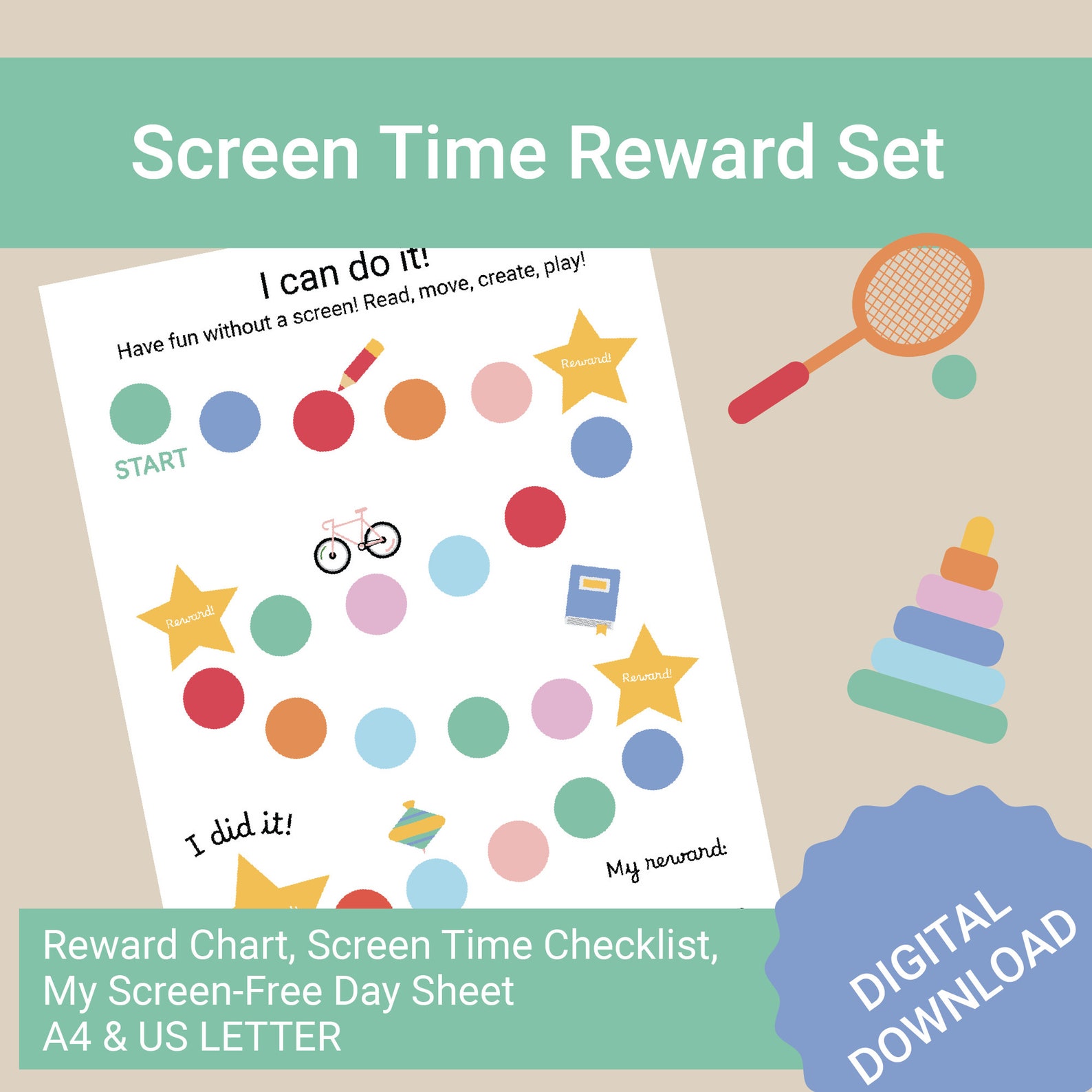 Screen Time Reward Set for Kids, 5 Printable Sheets, Reward Chart ...