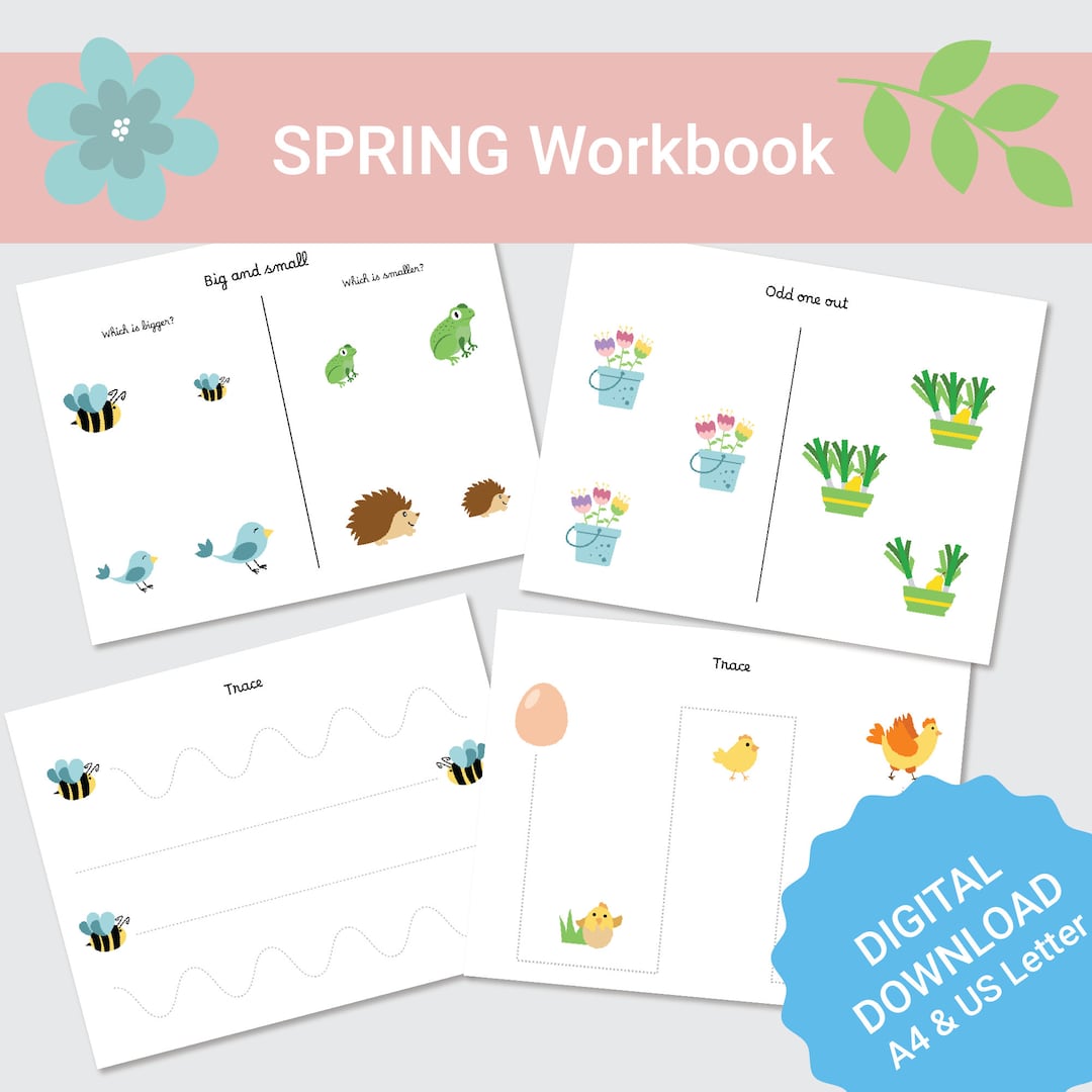 Spring Themed Kids Printable Workbook, Tracing Matching and More 26 ...