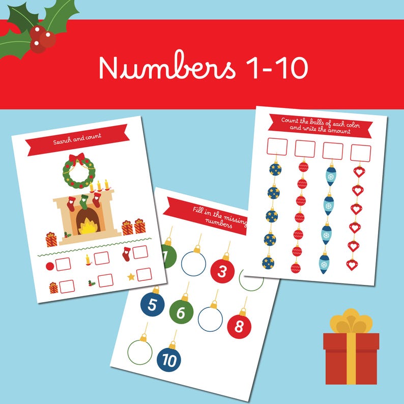 Christmas Counting Worksheets for Kids, Numbers 1-10 Printable, Holiday ...