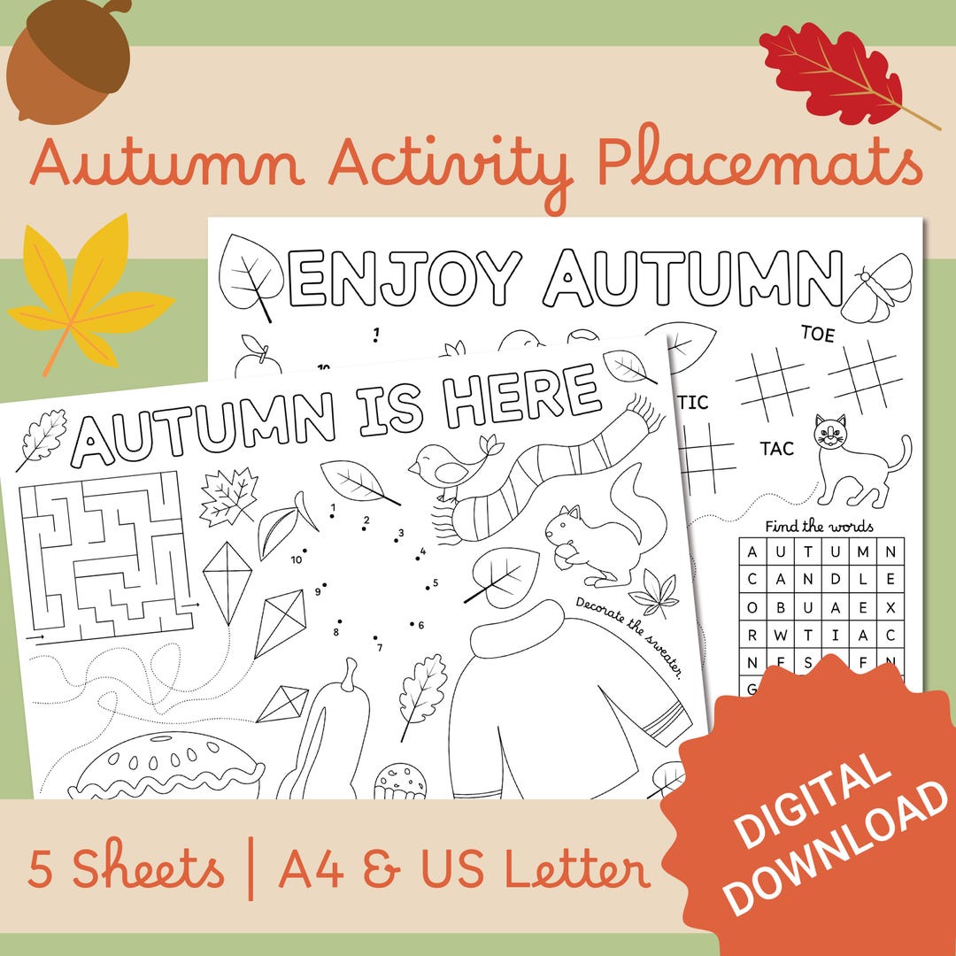 Kids Autumn Activity Printable Placemats, 5 Fall Coloring Sheets Bundle ...