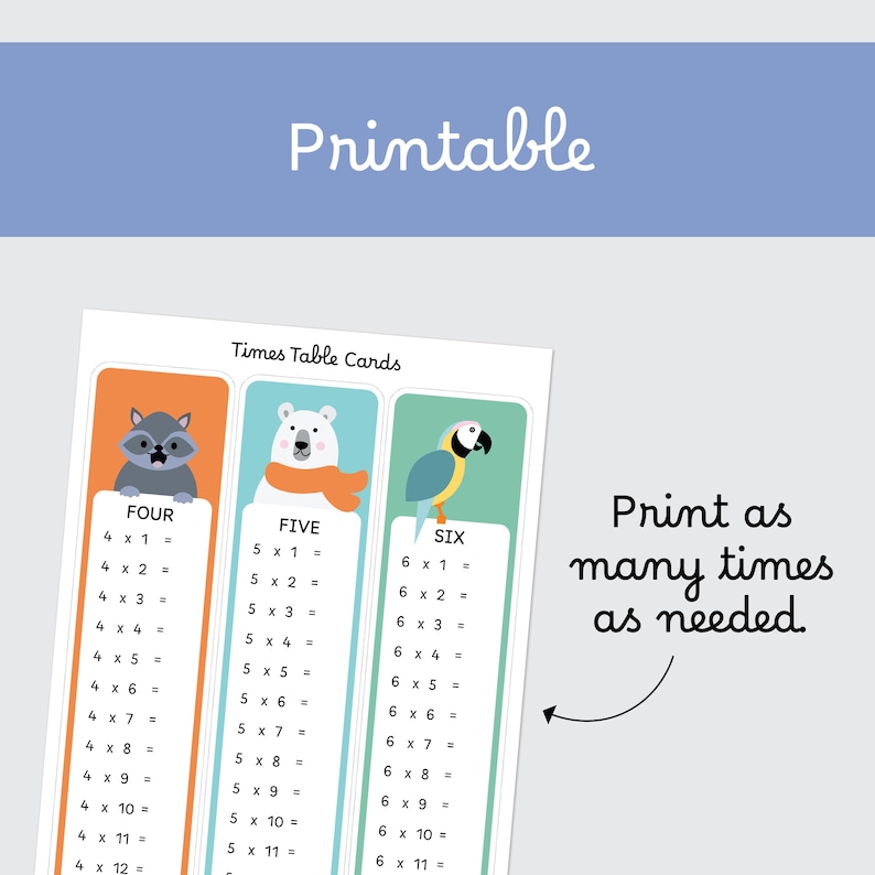 Cute Multiplication Table Cards 1–12 – Printable Animal Math for Kids ...