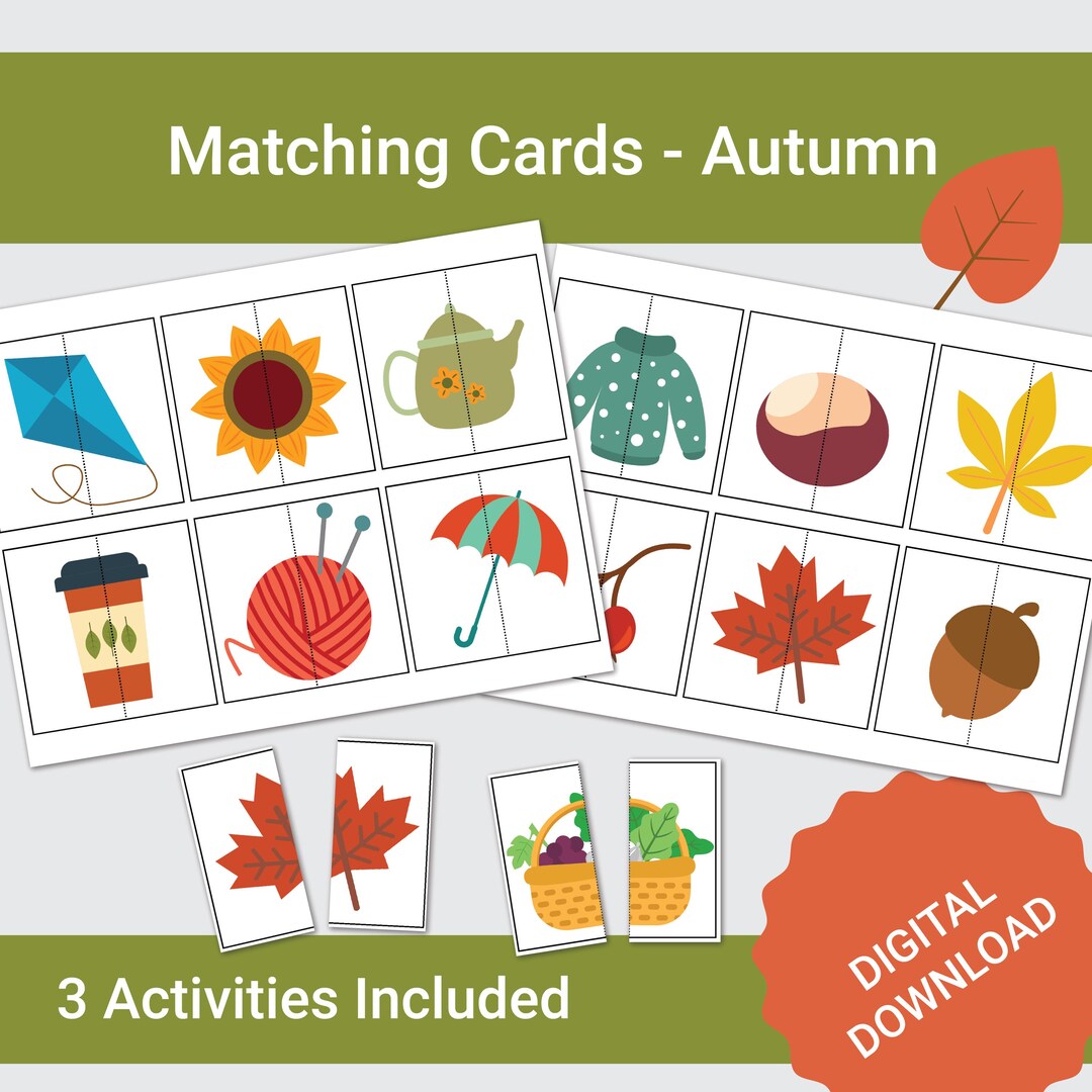 Autumn Matching Game and Memory Cards for Kids, Combine Halves, Fun ...