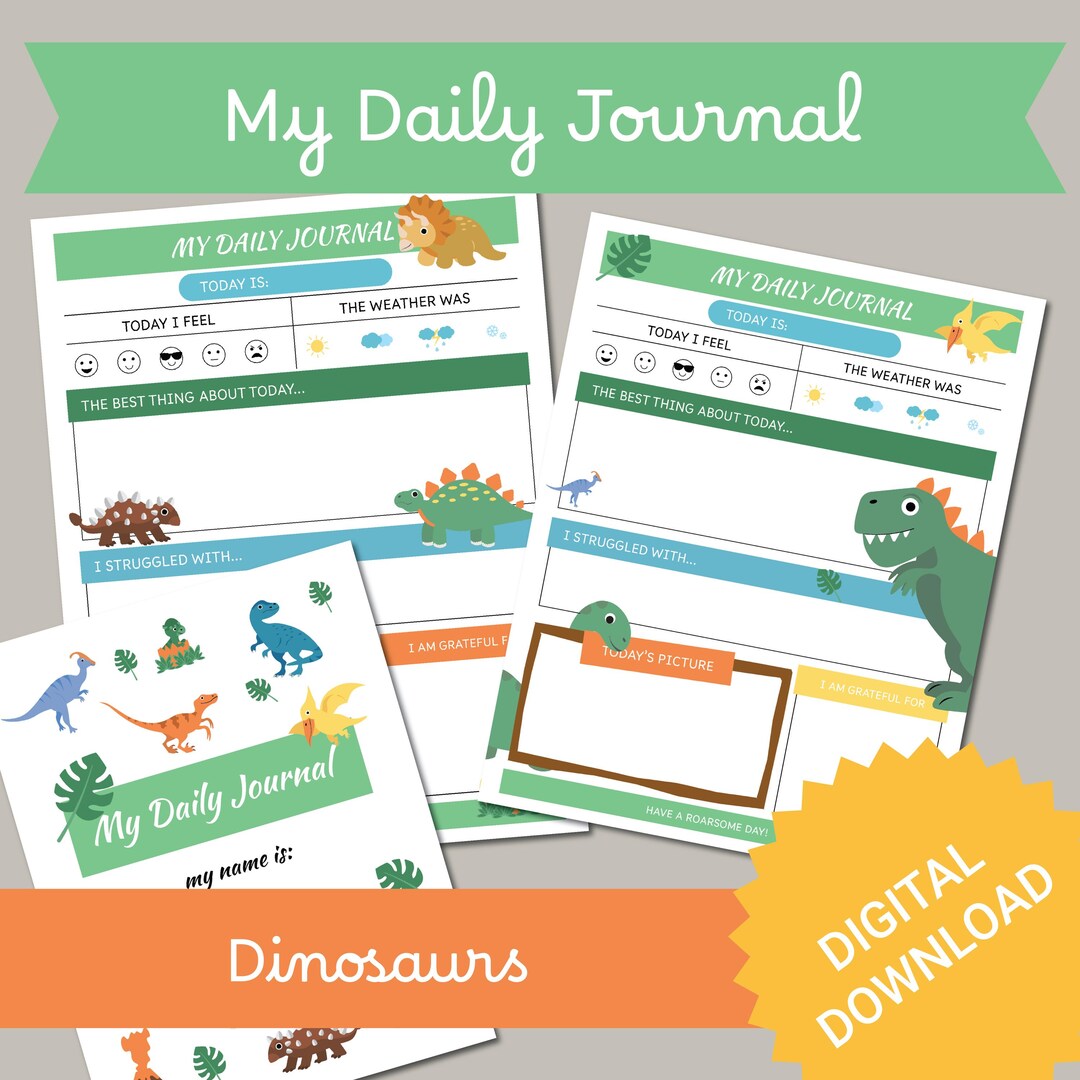 Kids Printable Daily Journal, Dinosaur Themed Diary, Cover & 3 ...