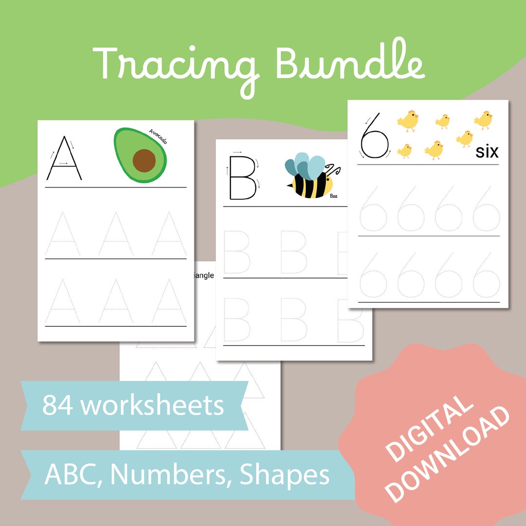 Tracing Worksheet Bundle, Alphabet, Numbers and Shapes, 2 Sizes Digital ...