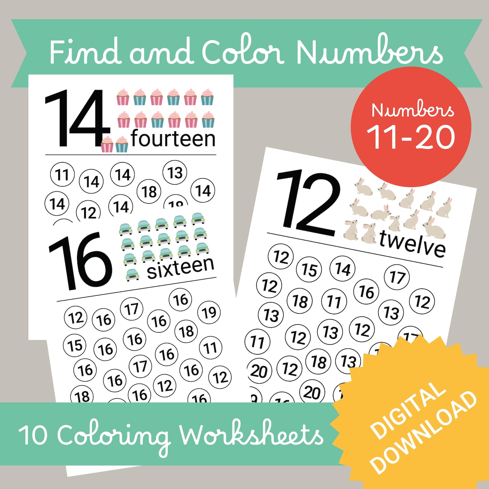 Numbers 11-20 Find and Color Worksheets: Early Math (digital Download ...