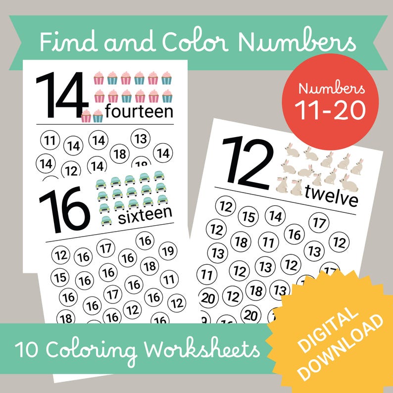 Numbers 11-20 Find and Color Worksheets: Early Math (digital Download ...