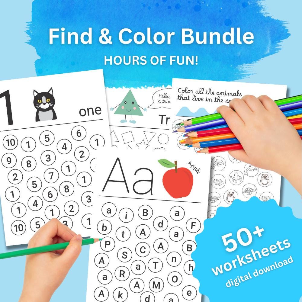 Preschool Find & Color Worksheets: Alphabet, Numbers, Shapes, Animals ...
