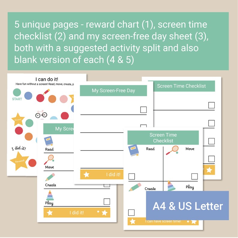 Screen Time Reward Set for Kids, 5 Printable Sheets, Reward Chart ...