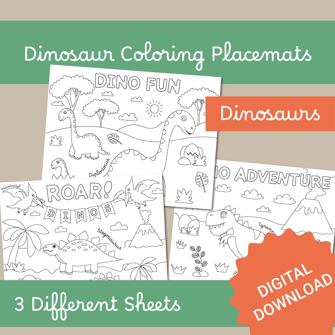 Kids Dinosaur Printable Coloring Placemats, 3 Dino Sheets Bundle ...