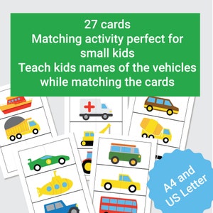 Matching Game Vehicles, Printable Transport Activity for Kids Digital ...