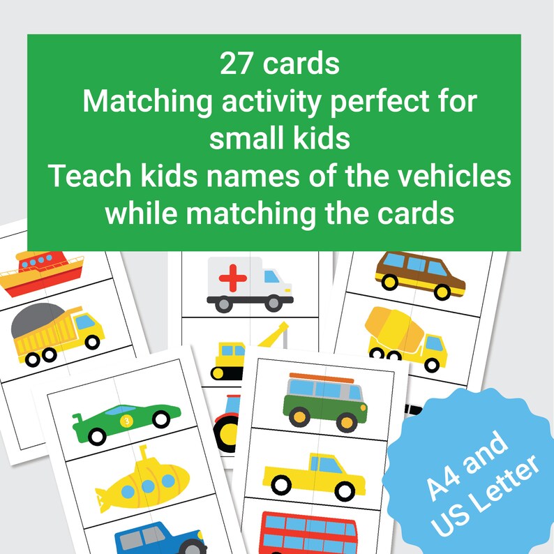 Matching Game Vehicles, Printable Transport Activity for Kids Digital ...