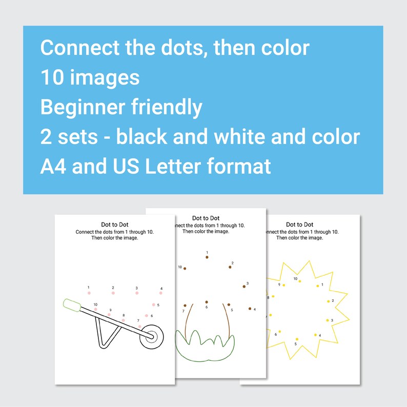 Dot to Dot Beginner Worksheet, Connect the Dots, 10 Pictures, Numbers 1 ...