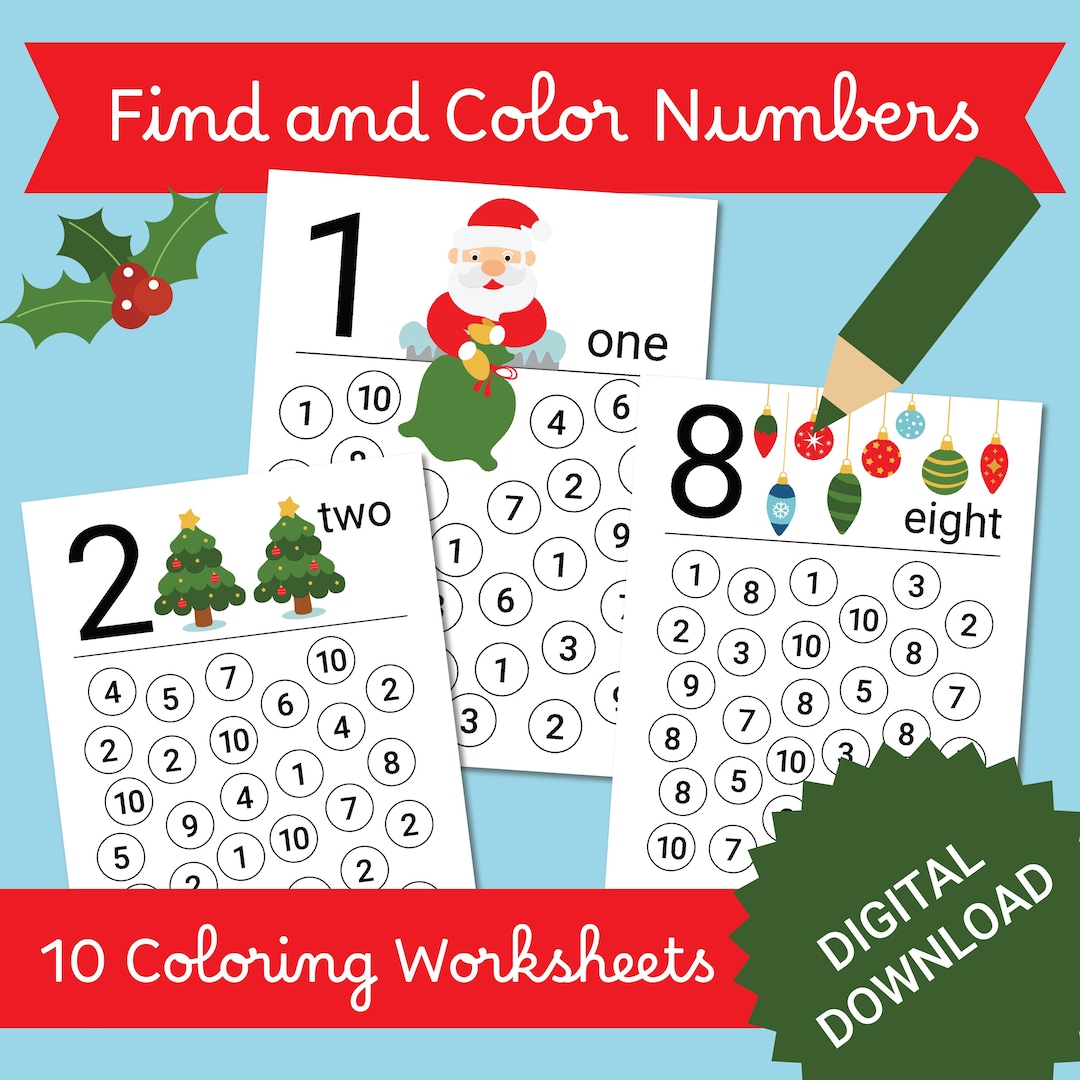 Christmas Find and Color Numbers 1-10 Kids Worksheets, Xmas Early Math ...