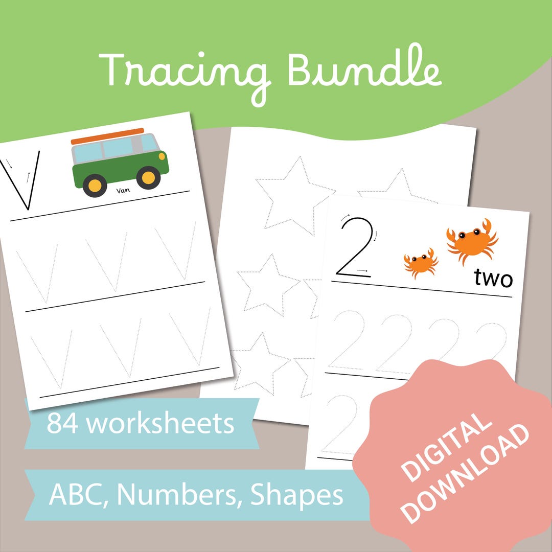 Tracing Bundle Printable for Kids, Alphabet, Numbers, Shapes, 84 ...