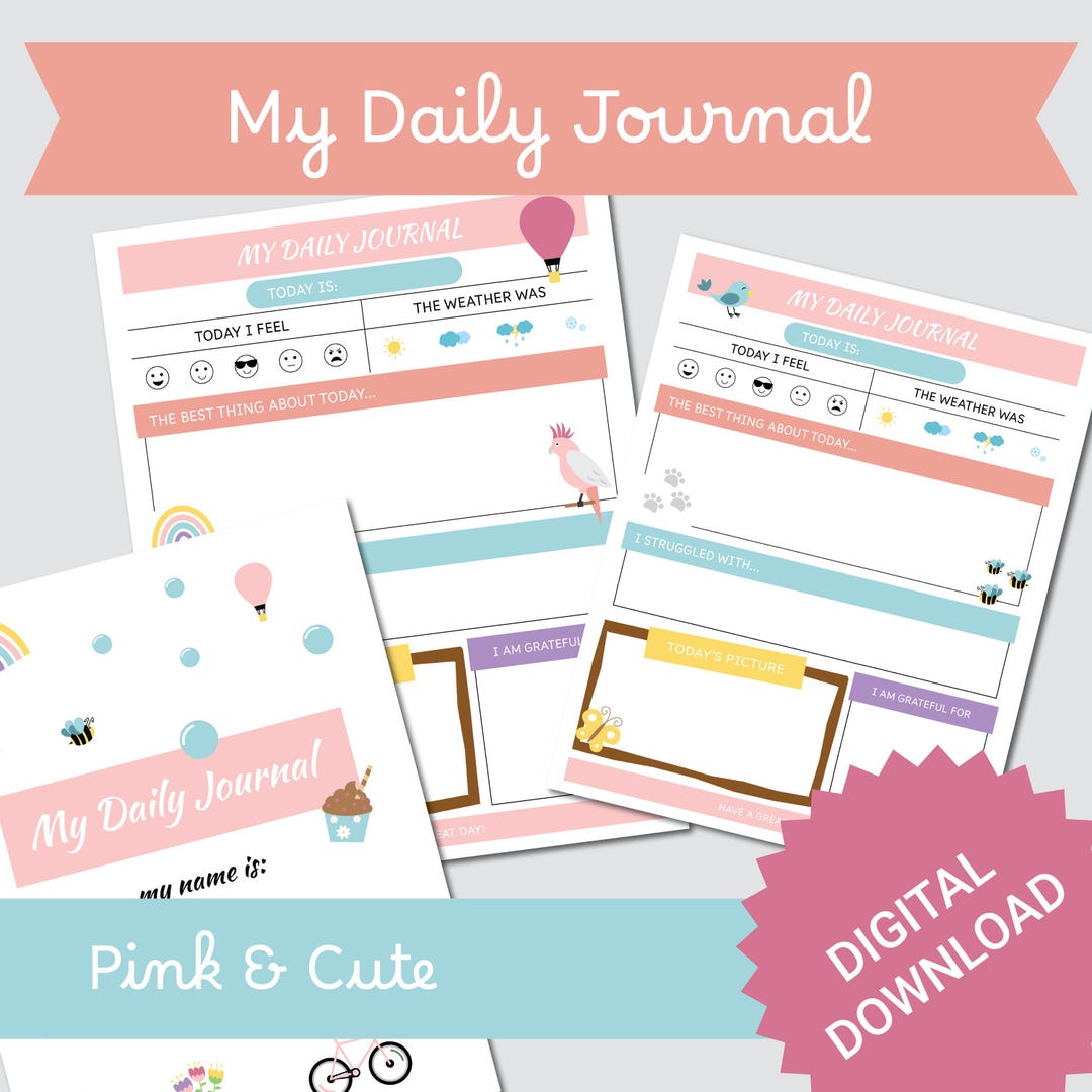 Kids Printable Daily Journal, Cute Pink Girly Diary, Cover & 3 ...