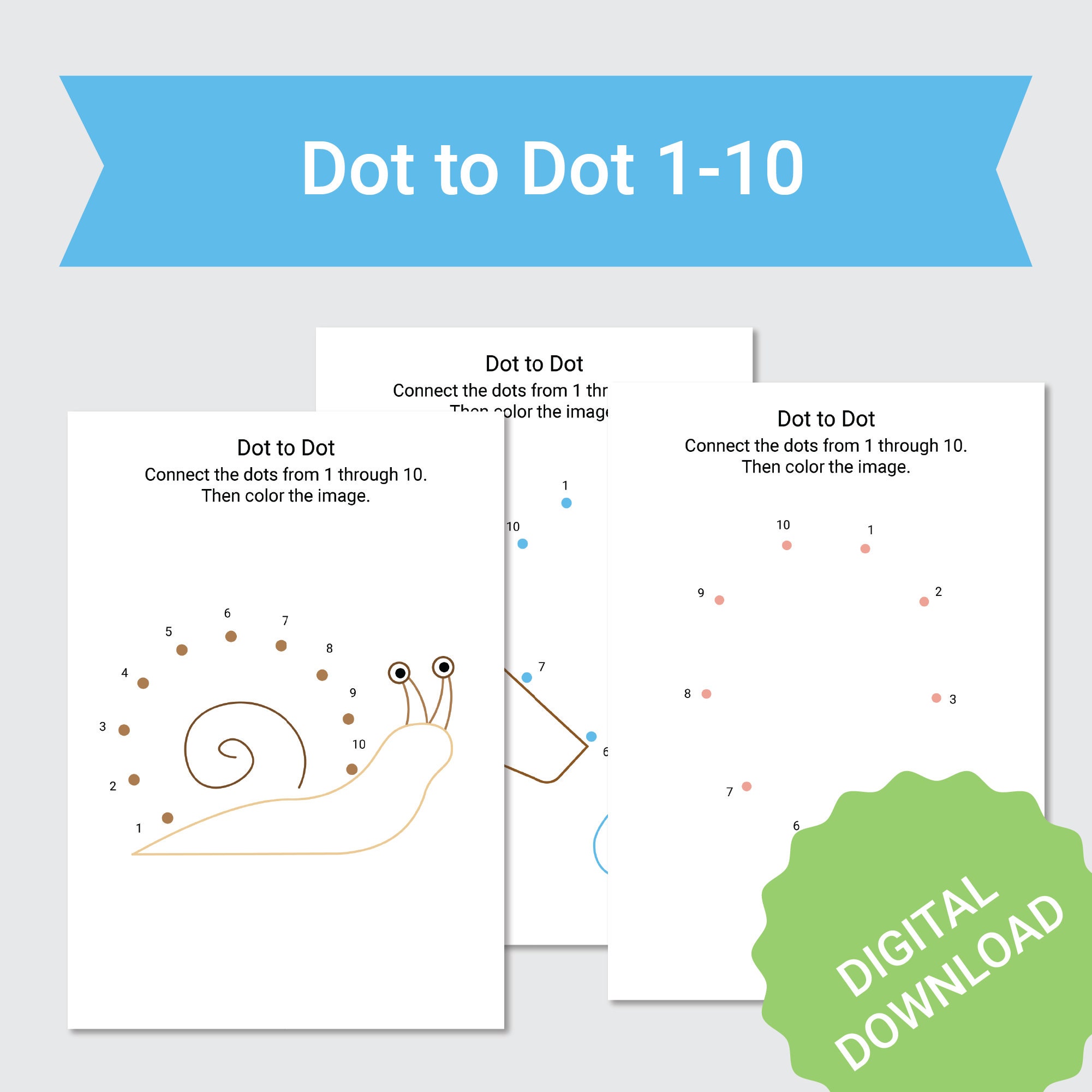 Dot to Dot Beginner Worksheet, Connect the Dots, 10 Pictures, Numbers 1 ...