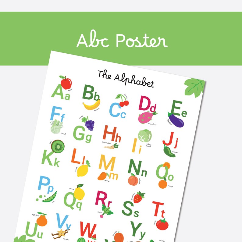 Fruit & Vegetable Children Alphabet Cards, Kids Fruits and Veg Abc ...
