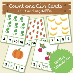 Count and Clip Cards Fruit and Vegetables Themes, Kids and Toddler ...