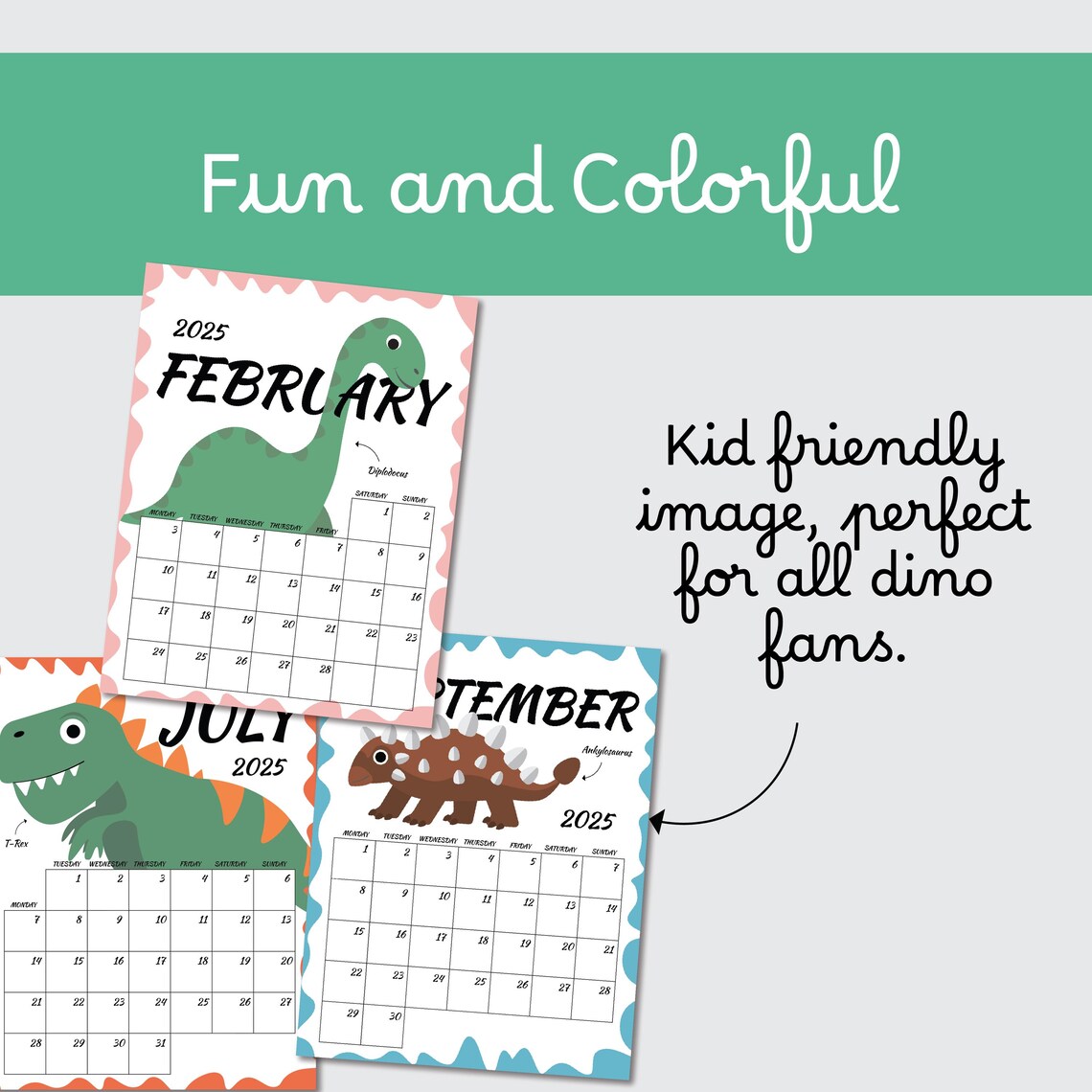 Kids Dinosaur Calendar 2025, Planner, Classroom Wall Dino 12 Months ...
