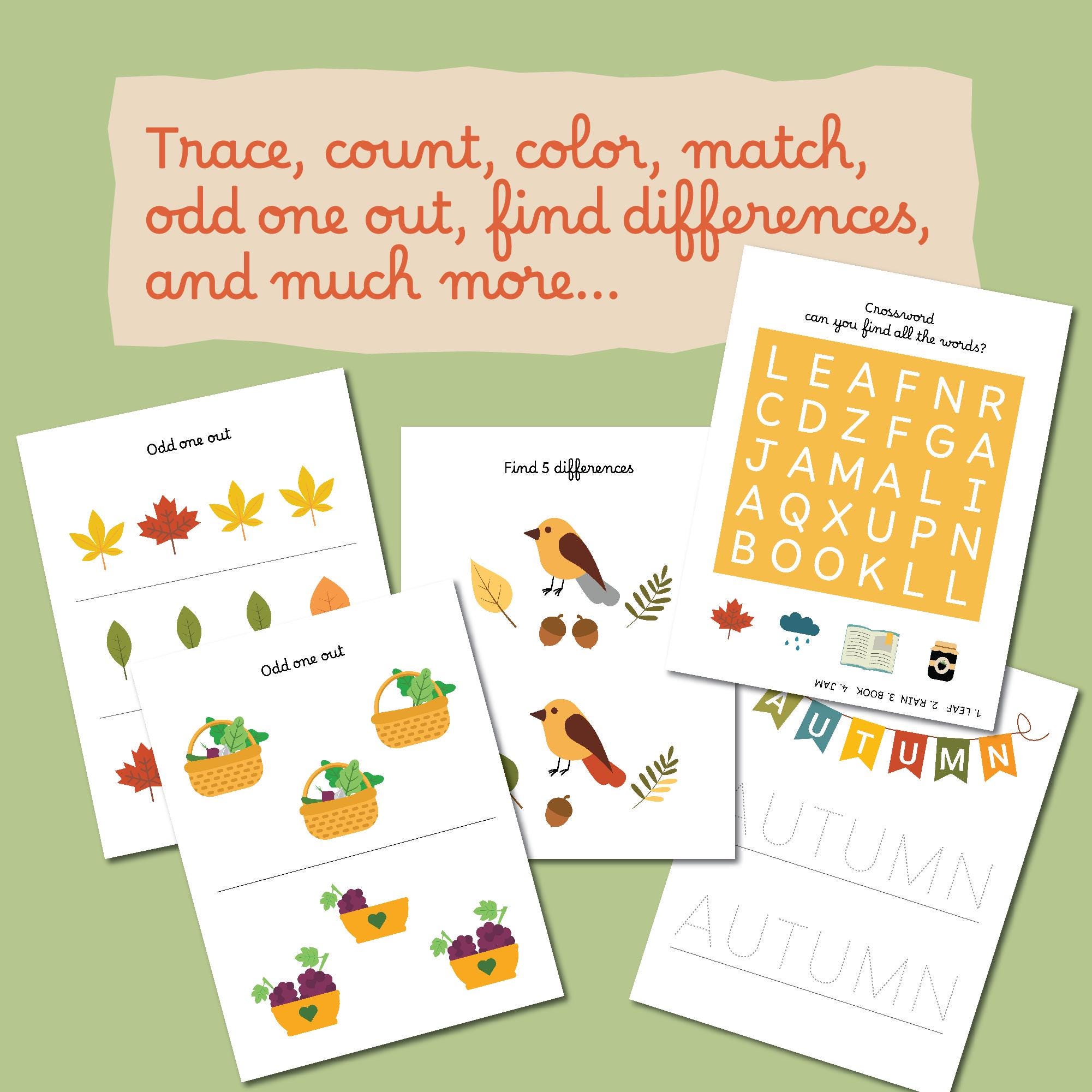 Autumn Kids Printable Activity Book, Trace, Match, Count, Color, 80 ...