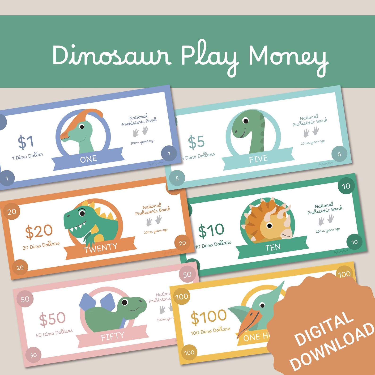 Dino Dollars for Kids, Fun Dinosaur Printable Mom Bucks, Pretend Play ...