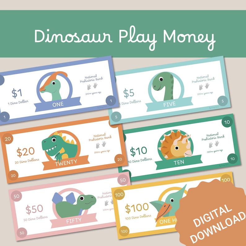Dino Dollars for Kids, Fun Dinosaur Printable Mom Bucks, Pretend Play ...