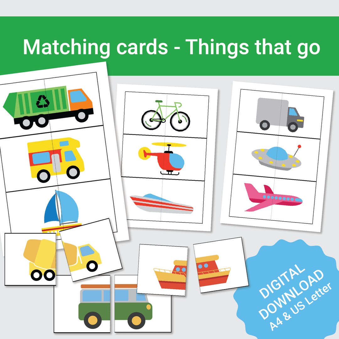 Matching Game Vehicles, Printable Transport Activity for Kids Digital ...