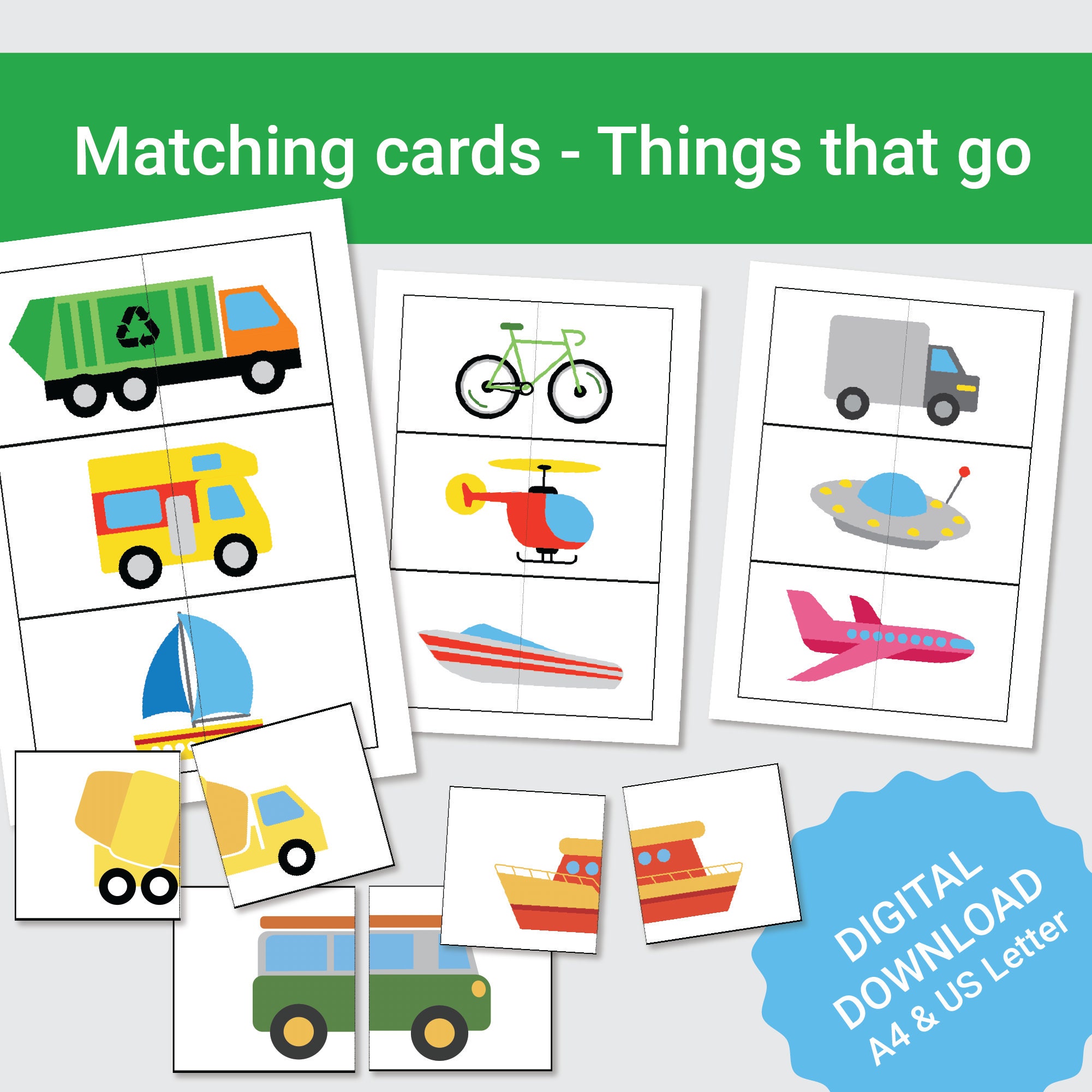 Matching Game Vehicles, Printable Transport Activity for Kids Digital ...