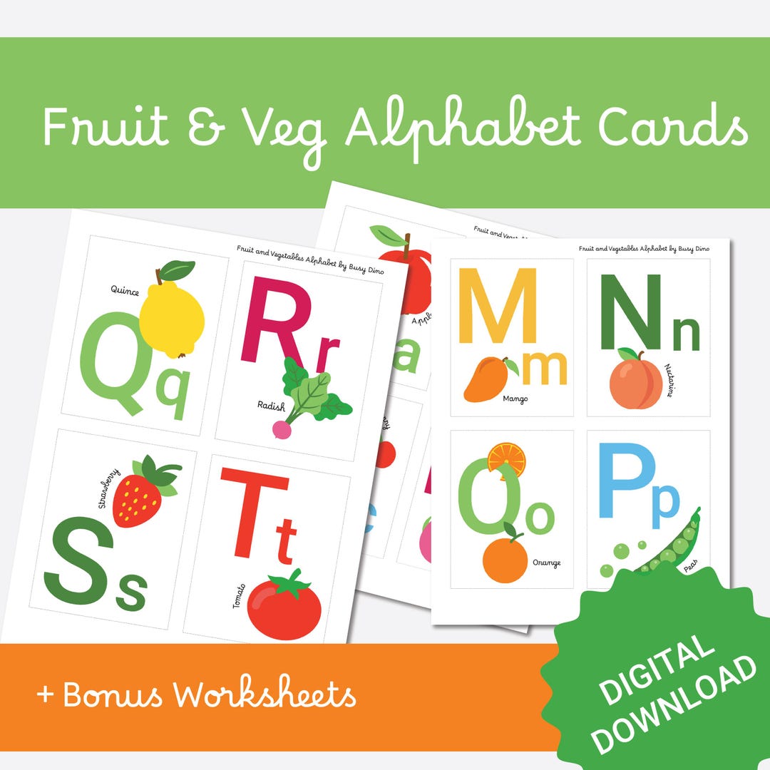 Fruit & Vegetable Children Alphabet Cards, Kids Fruits and Veg Abc ...