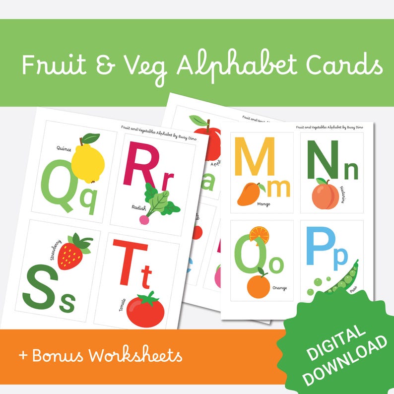 Fruit & Vegetable Children Alphabet Cards, Kids Fruits and Veg Abc ...