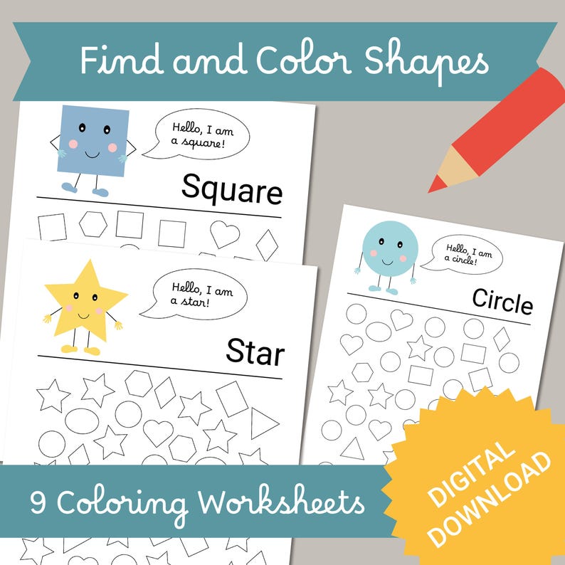 Find and Color Shapes Kids Worksheets, Learn 9 Basic Shapes, for ...