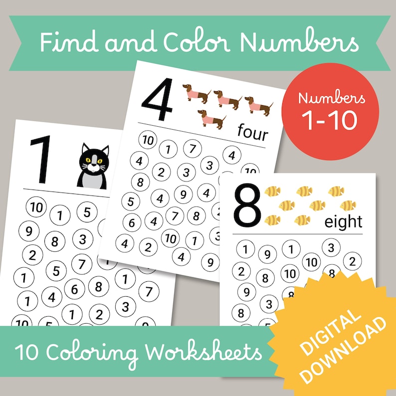 Find and Color Numbers 1-10: Kids Printable Worksheets (digital ...