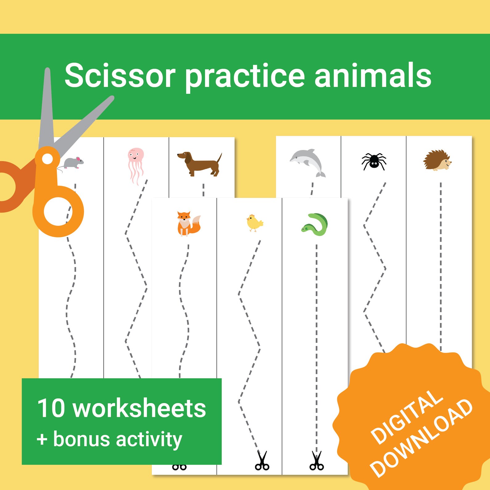 Scissor Practice Animal Themed Printable Worksheets for Kids ...