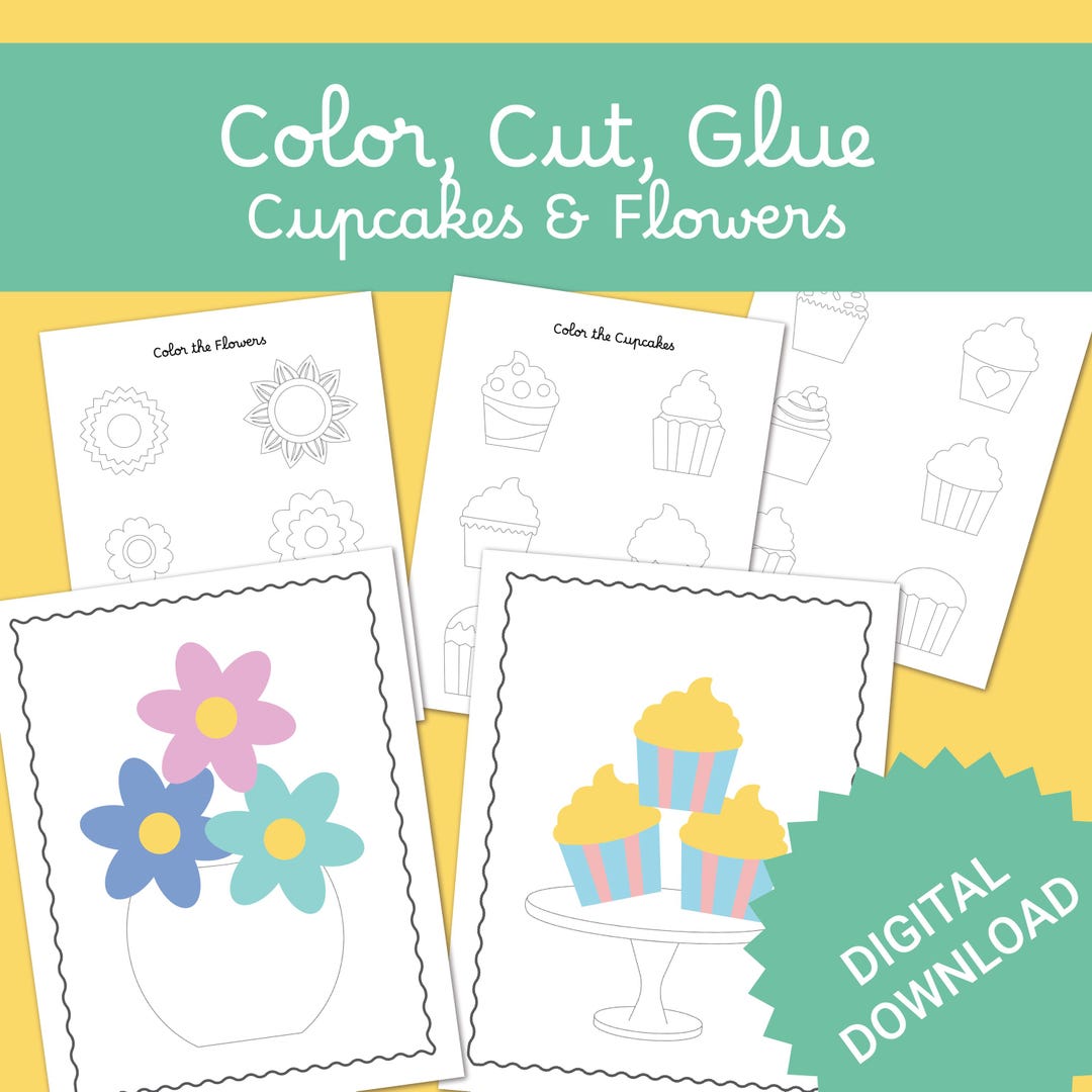 Color, Cut, Glue Kids Activity, Flowers and Cupcakes, Scissor Paste Fun ...