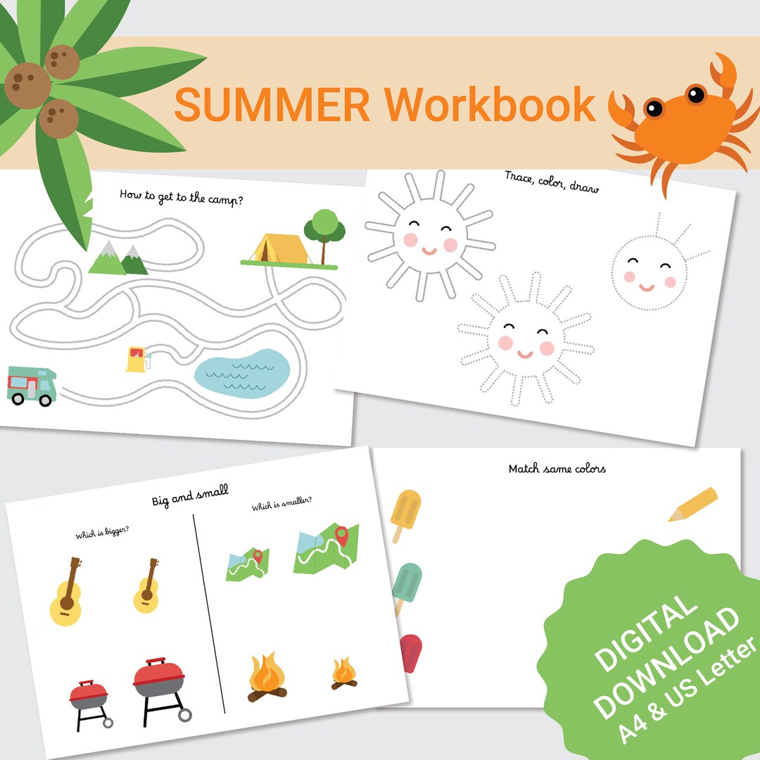 Summer Themed Kids Printable Workbook, Tracing Matching and More 25 ...