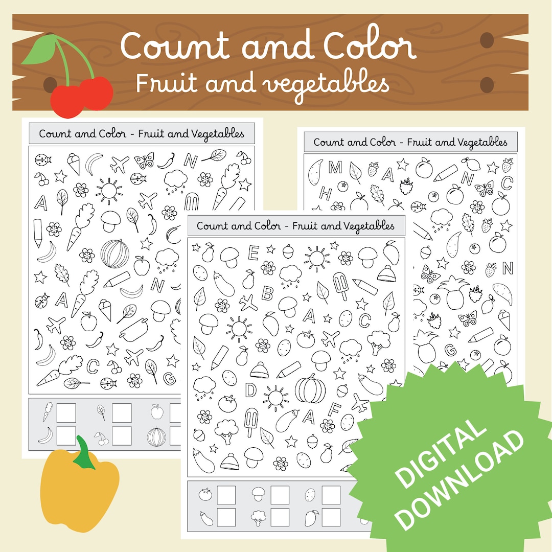 Search Count and Colour Kids 3 Worksheets, I Spy Find Fruit and ...
