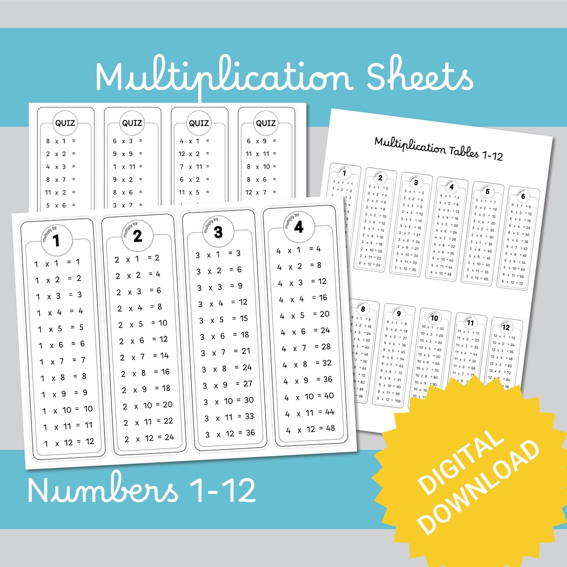 Multiplication Tables, Kids Printable Times Table Bookmarks, Numbers 1 ...