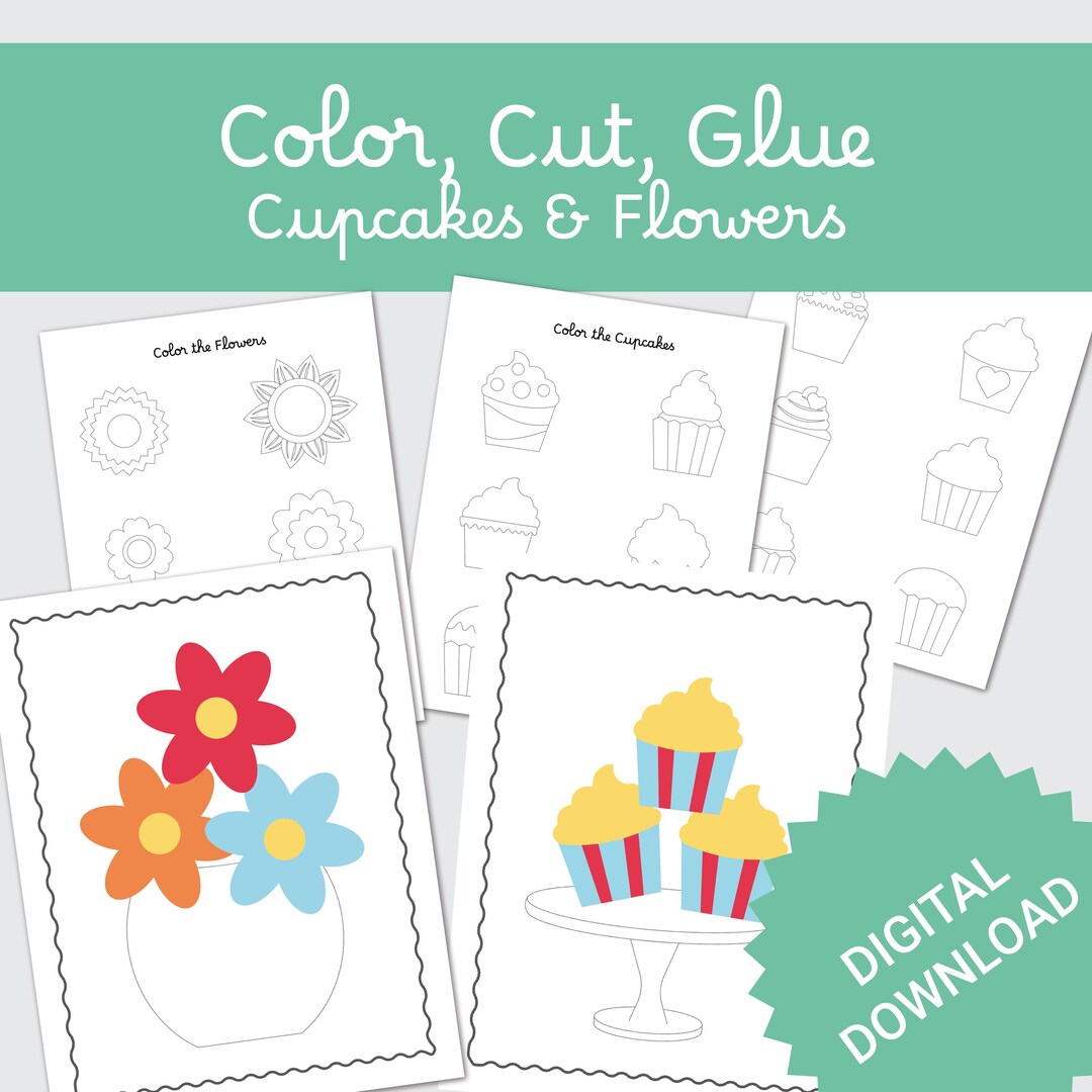Color, Cut, Glue Kids Activity, Cut & Paste, Flowers, Cupcakes, Scissor ...