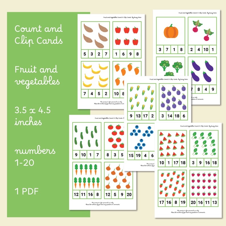 Count and Clip Cards Fruit and Vegetables Themes, Kids and Toddler ...